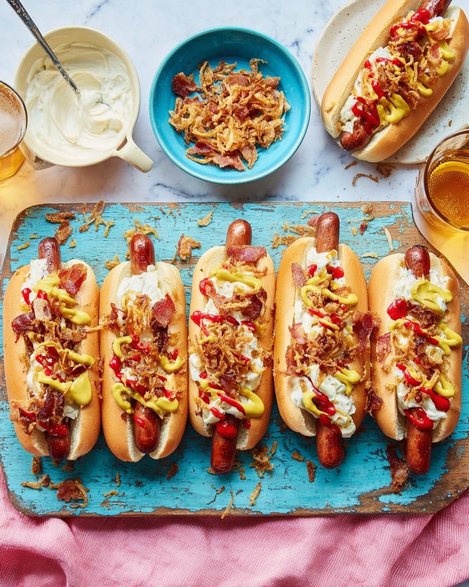 Cheesy Hot Dogs with Pickle Mustard Sauce & Crispy Onions